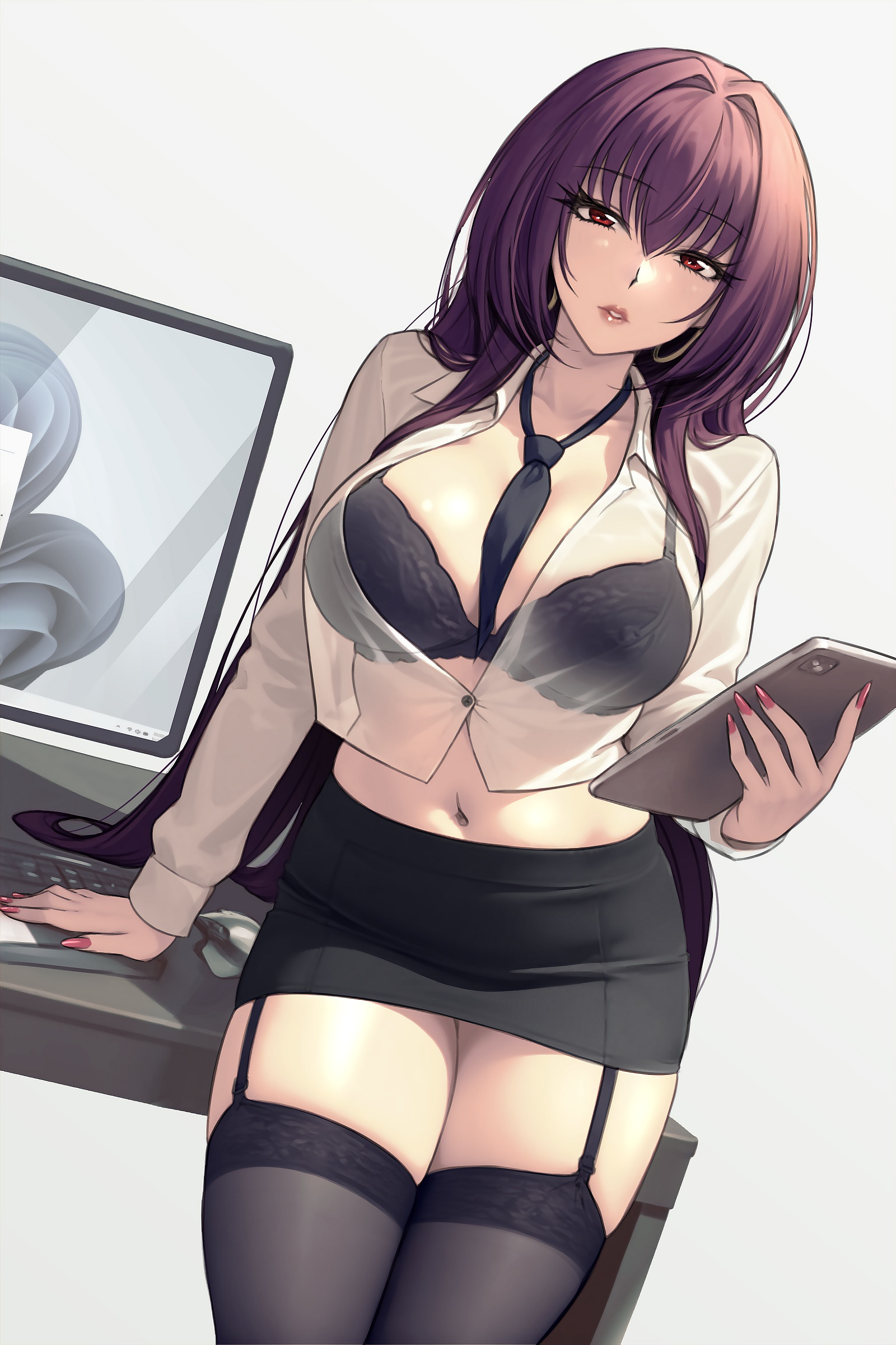 dynamitenatalia fate/grand order scathach (fate) bra dress shirt open shirt see through ...